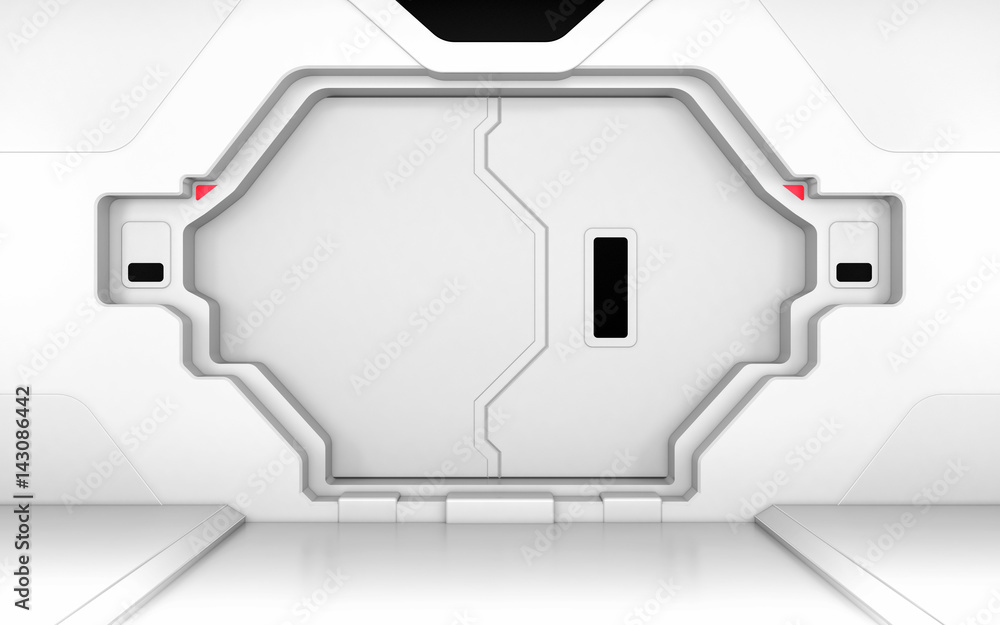 Futuristic metallic white door, gate or entrance in spaceship interior ...