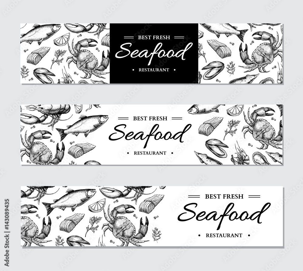 Seafood banner vector template set. Hand drawn illustration. Crab ...