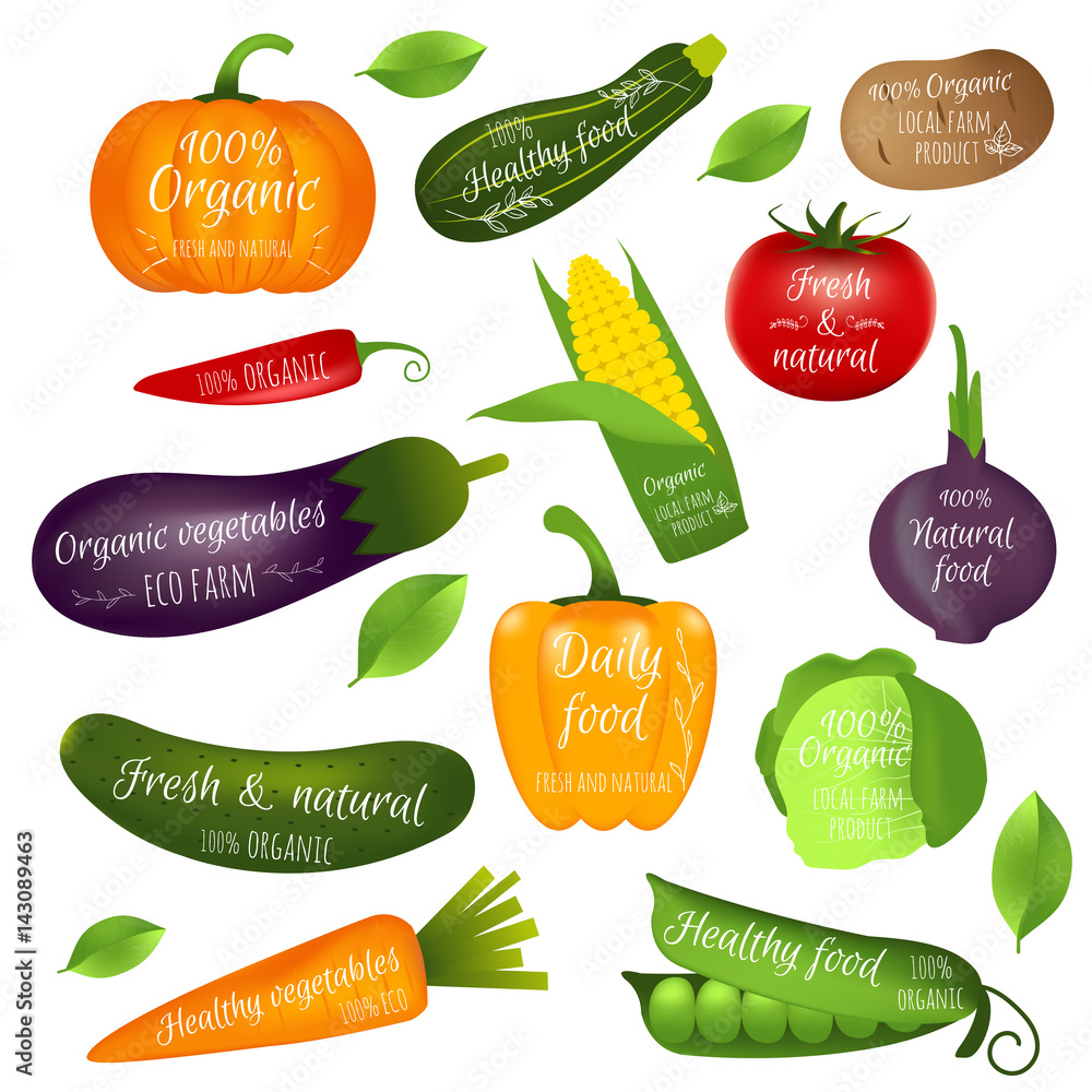 Set of vegetables labels with sample text. Collection of realistic ...
