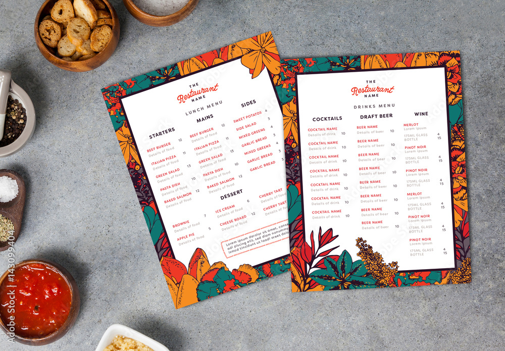 Two Menu Layouts with Floral Borders Stock Template | Adobe Stock