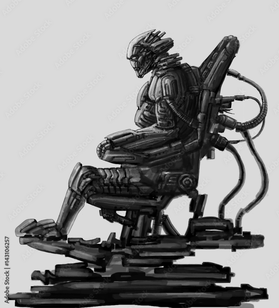 Dark lord sits in suit on his iron throne. Science fiction illustration ...