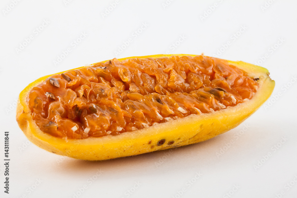 Exotic tropical fruit called curuba (Passiflora tripartita) on white ...