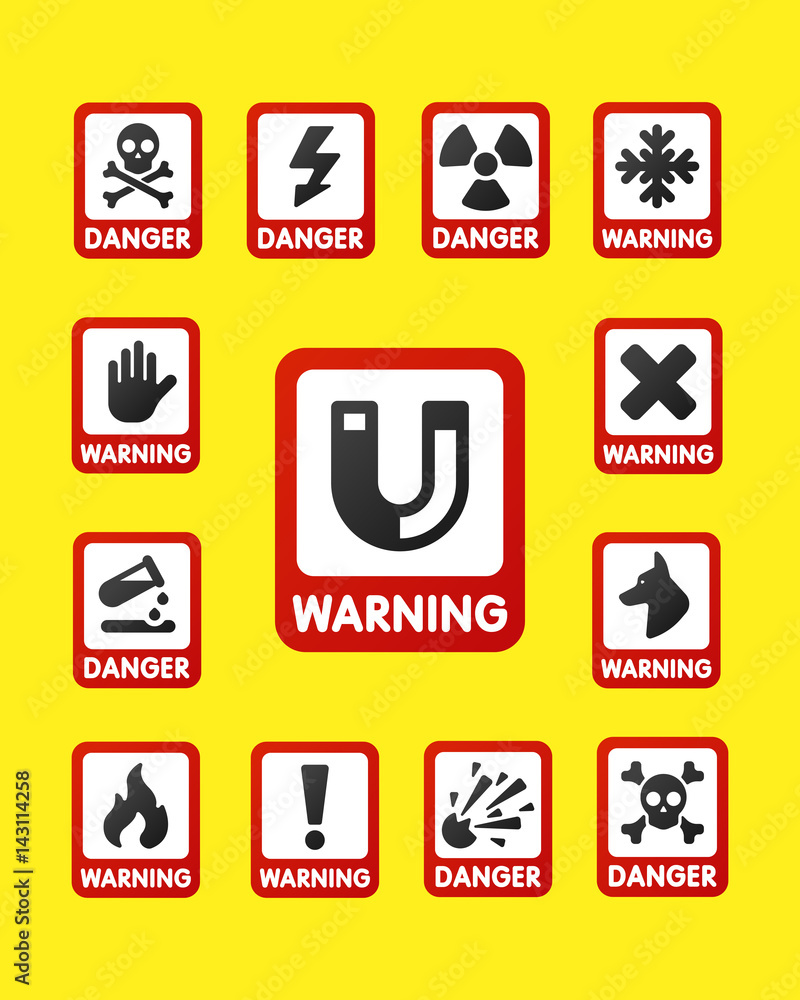 Prohibition signs set industry production vector yellow red warning ...