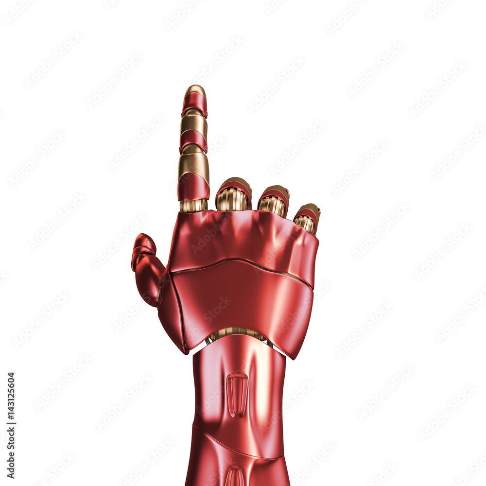 The hand of an iron man. Red and gold coloring. 3d rendering. Template ...