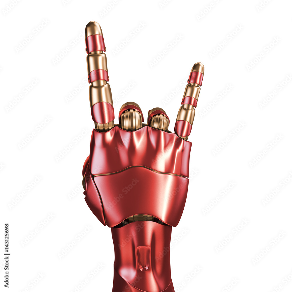 The hand of an iron man. Red and gold coloring. 3d rendering. Template ...
