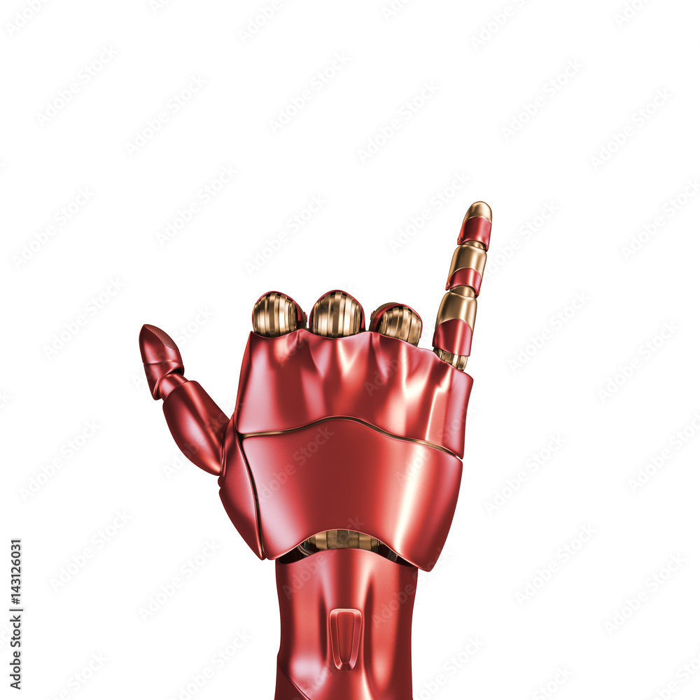 The hand of an iron man. Red and gold coloring. 3d rendering. Template ...