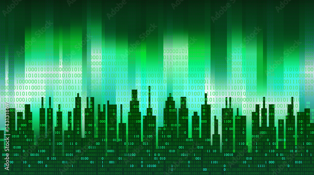 The digital city. Binary data in the cloud over an abstract skyline ...