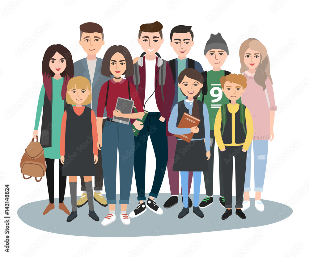 Young students group. School community. Vector illustration of a flat ...