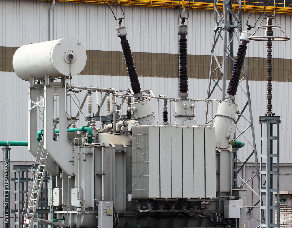 High voltage power transformer on electrical substation Stock Photo ...