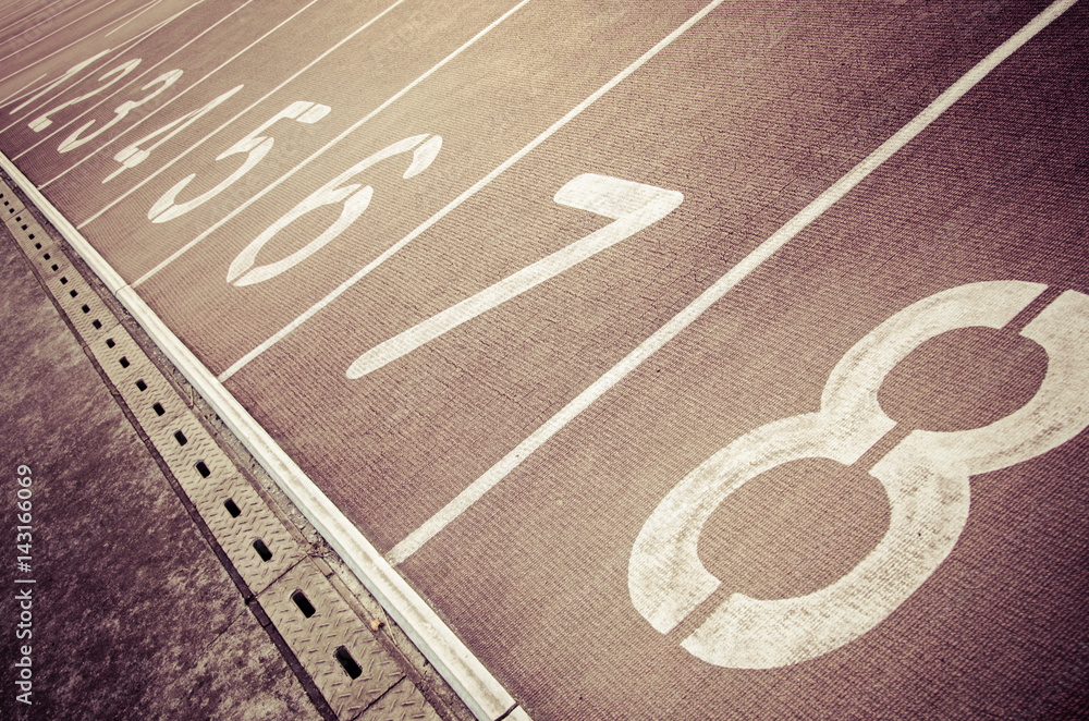 Running track with numbers from 1 to 8. Shot in a unique angle. A ...