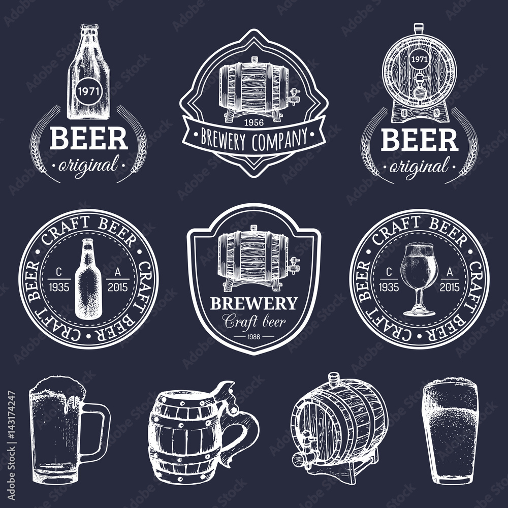 Old brewery logos set. Kraft beer retro images with hand sketched glass ...