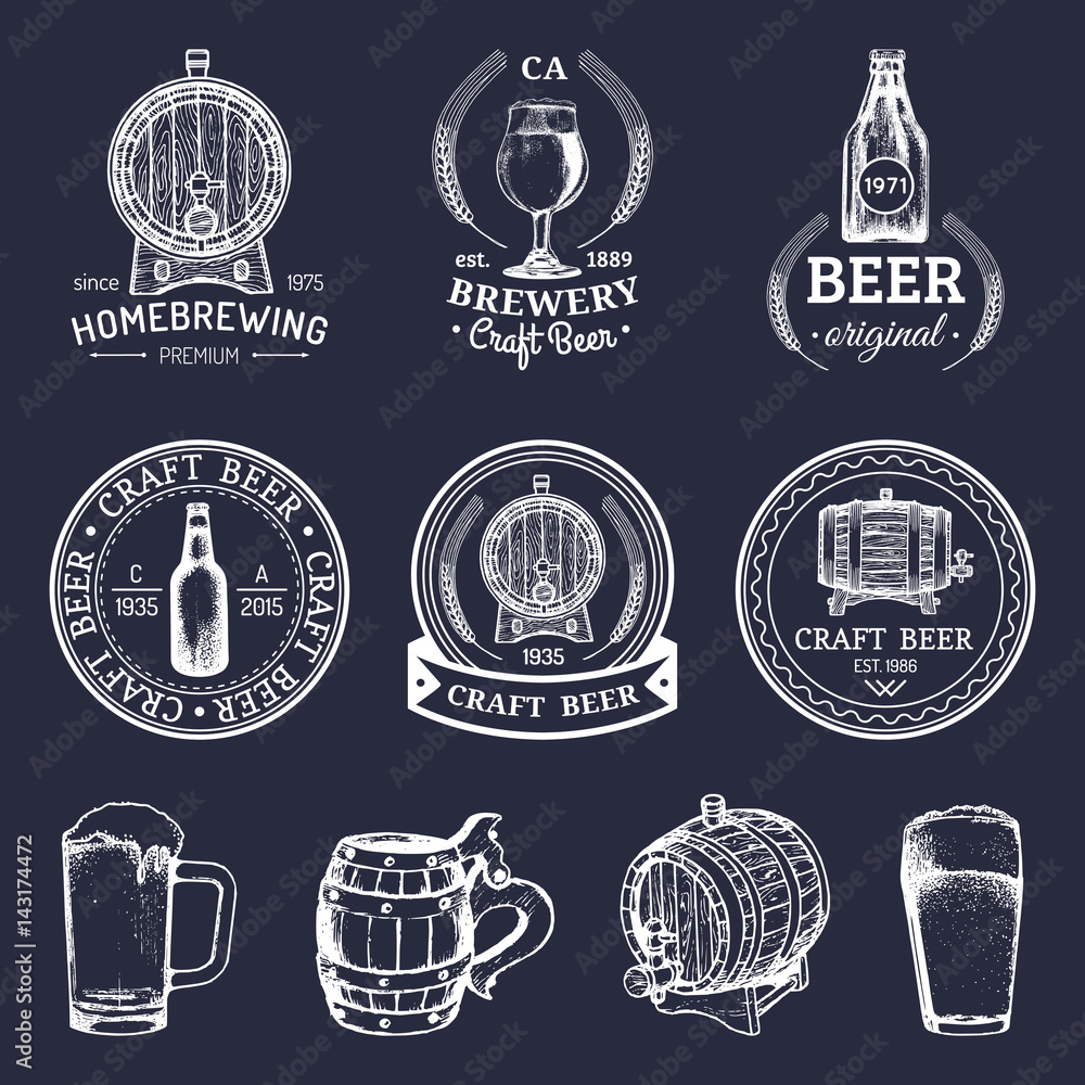 Old brewery logos set. Kraft beer retro images with hand sketched glass ...