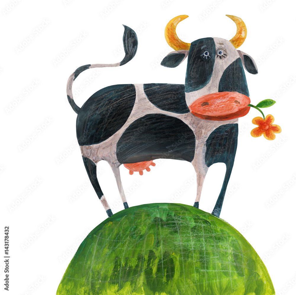 Spotted cow on grass in meadow. Watercolor illustration. Hand drawing ...