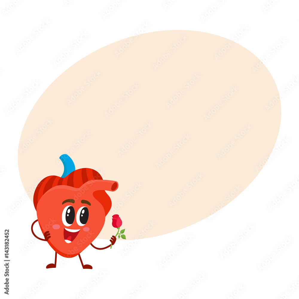 Cute and funny, smiling human heart character holding a rose, cartoon ...