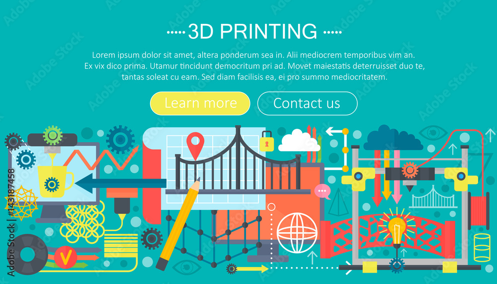 3d printer technology flat concept set. 3d modeling, printing and ...
