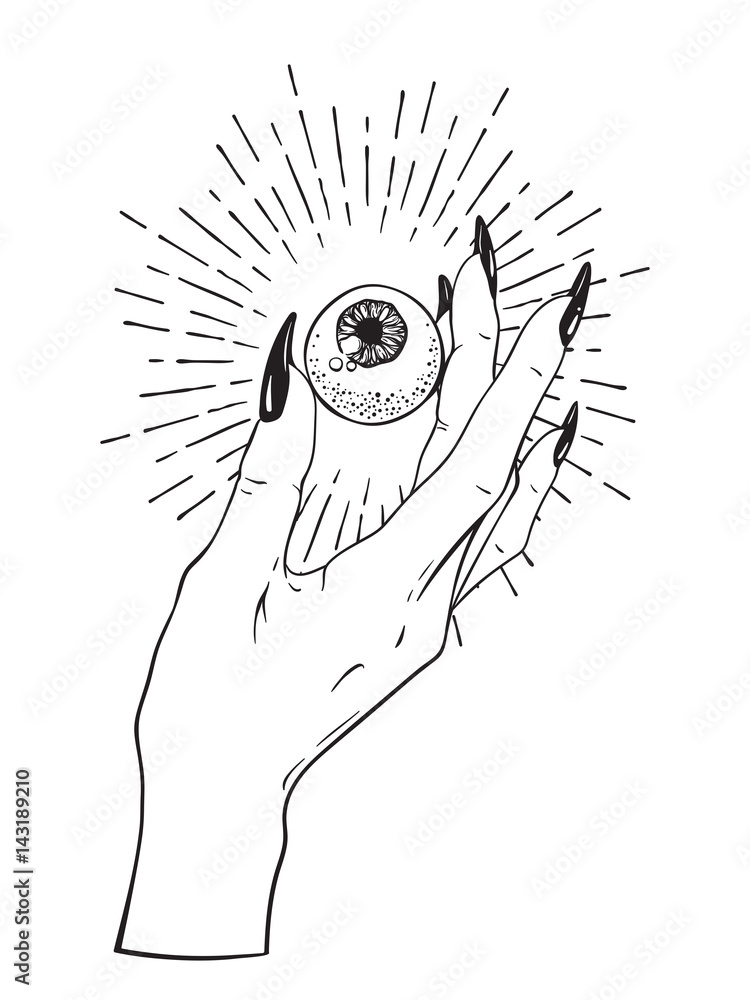 Human eyeball in female hand isolated. Sticker, print or blackwork ...