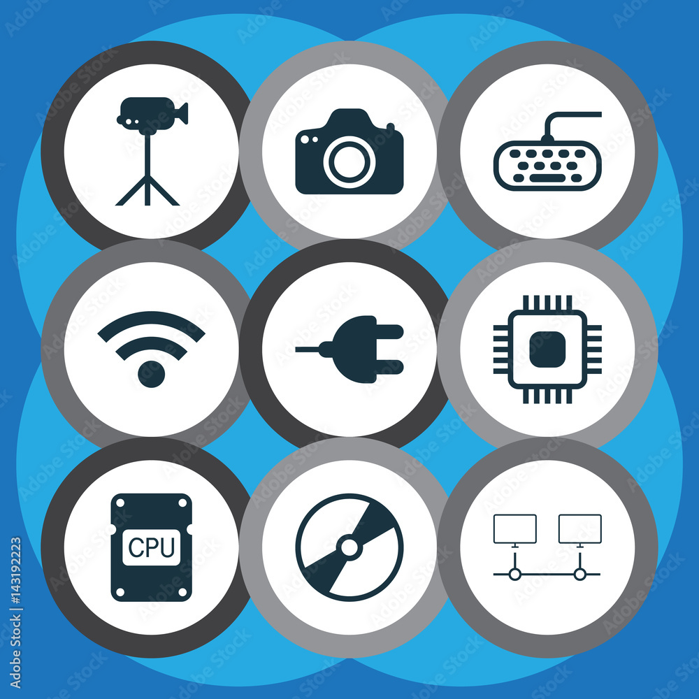Set Of 9 Computer Hardware Icons. Includes Camcorder, Connector ...
