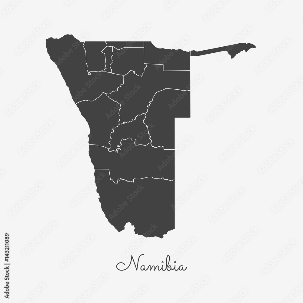 Namibia region map: grey outline on white background. Detailed map of ...