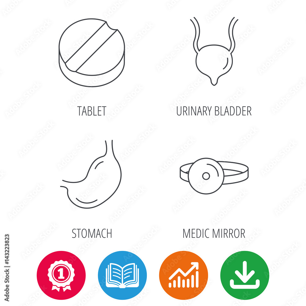 Medical mirror, tablet and stomach organ icons. Urinary bladder linear ...