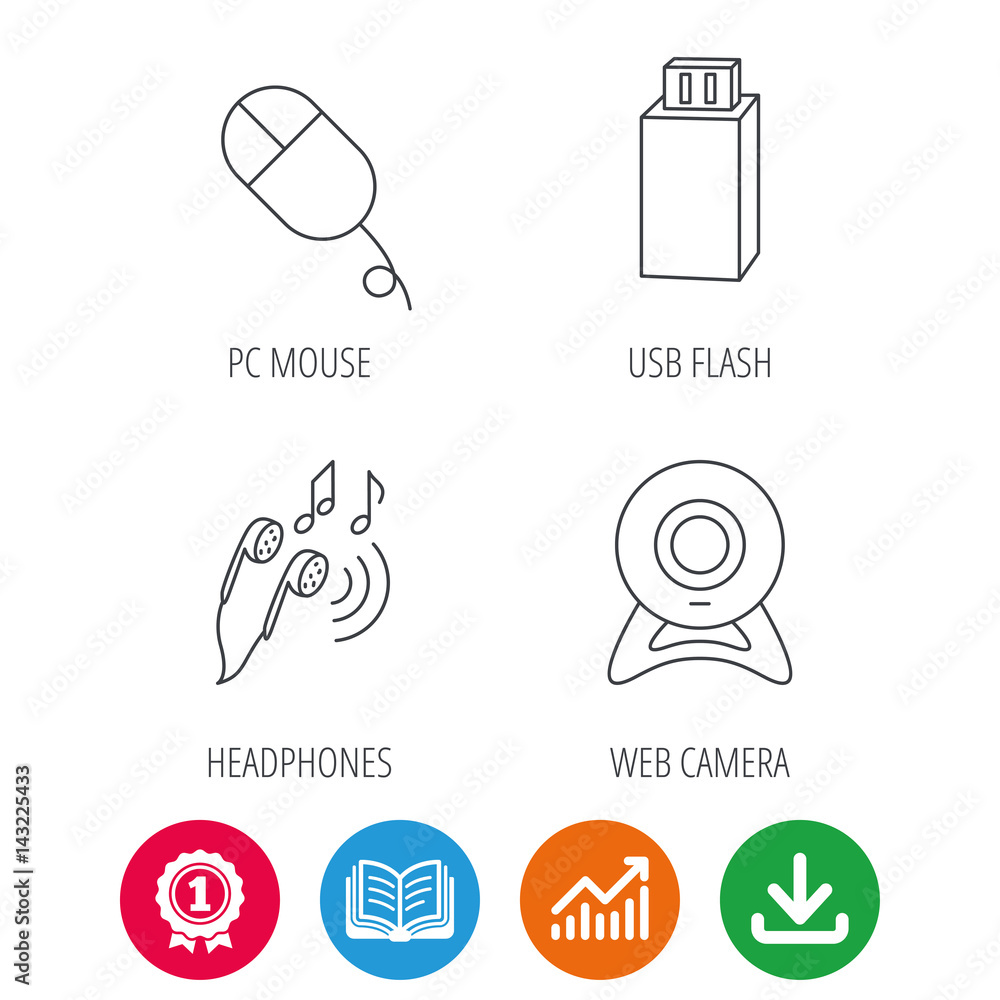 Web camera, USB flash and PC mouse icons. Headphones linear sign. Award ...