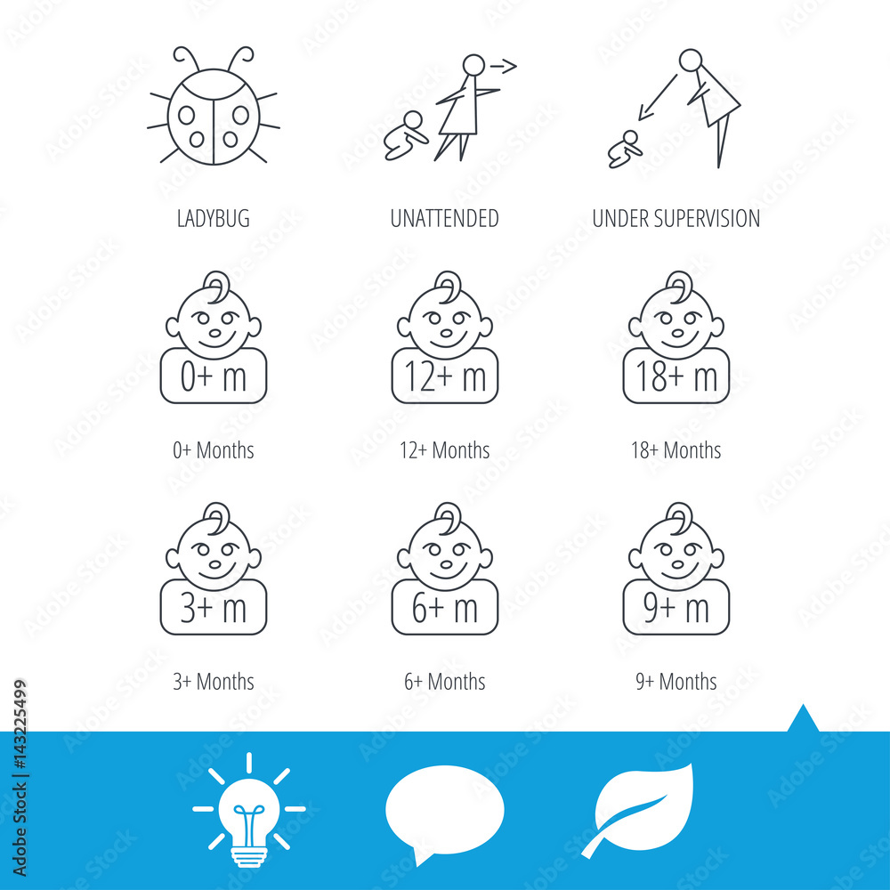 Infant child, ladybug and toddler baby icons. 0-18 months child linear ...