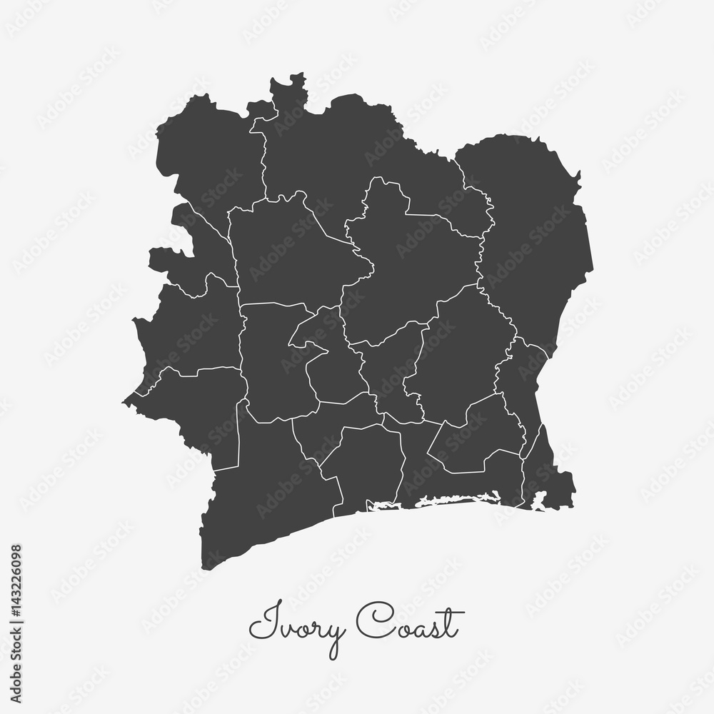 Ivory Coast region map: grey outline on white background. Detailed map ...