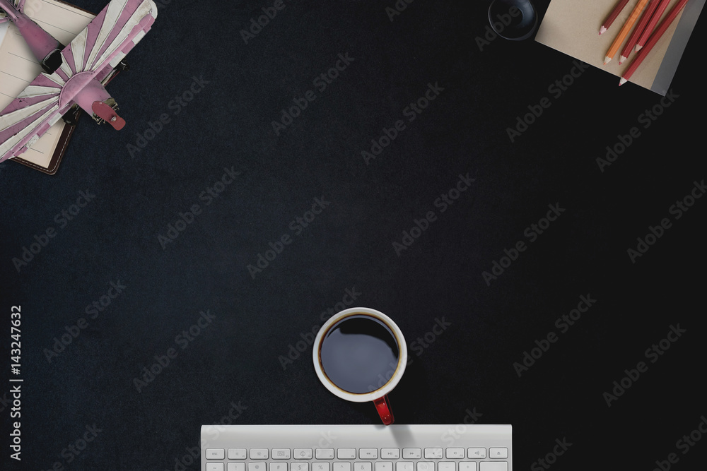 Workplace header image, Top view of Modern Desktop Computer on dark ...