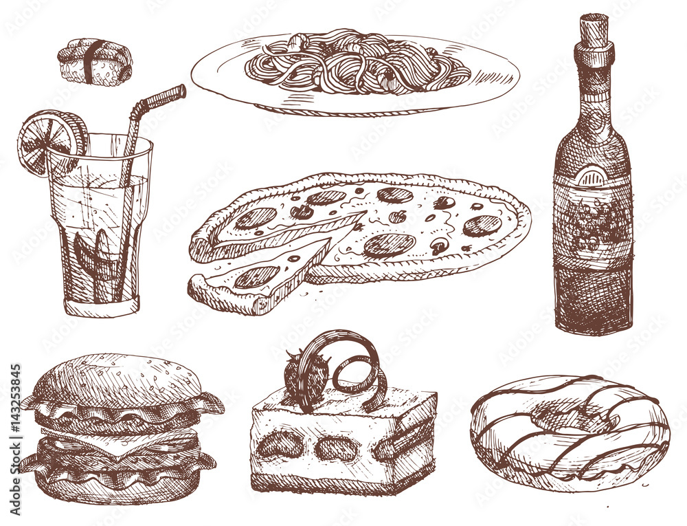 Hand drawn food sketch for menu restaurant product and doodle meal ...