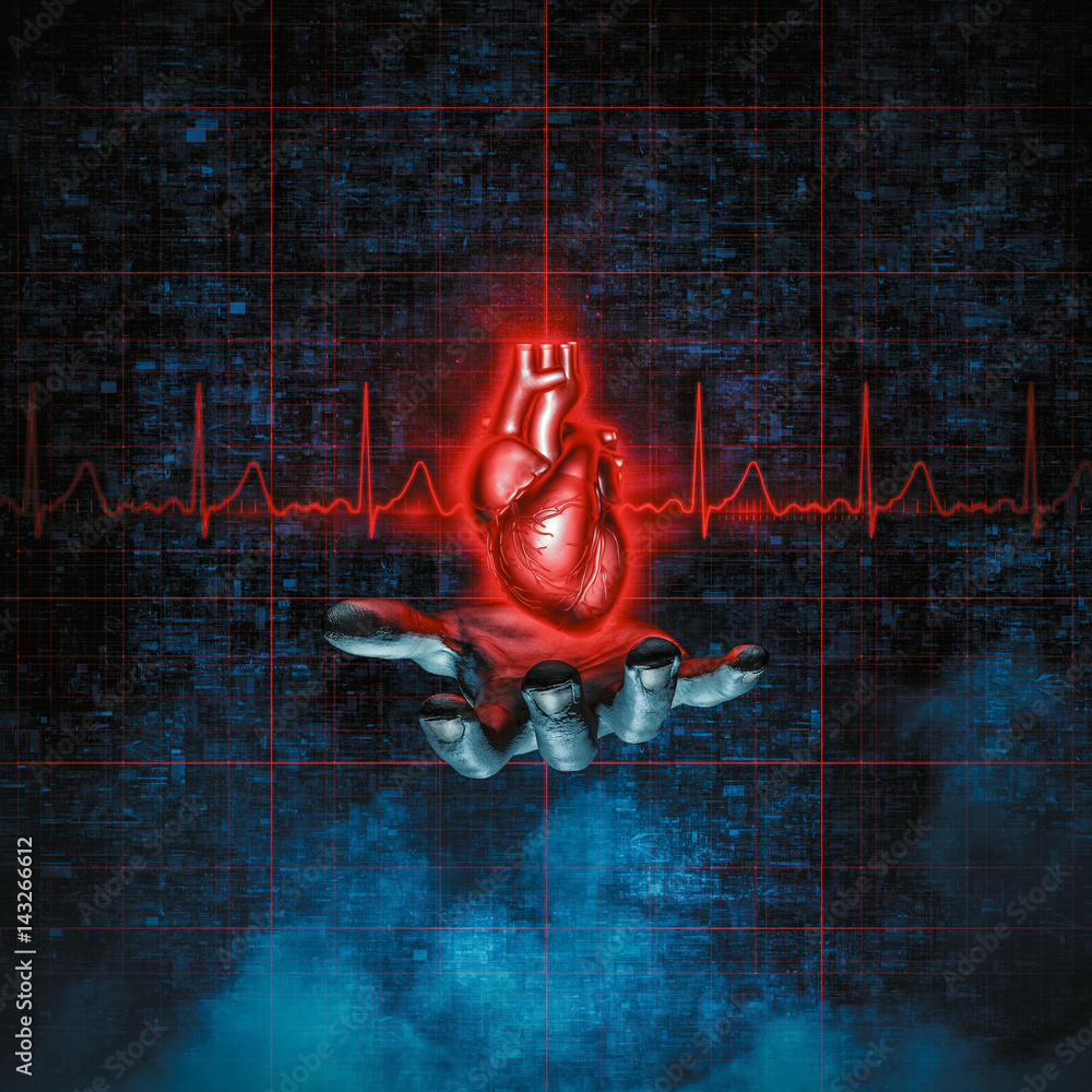Heart beat hand / 3D illustration of human heart above open hand with ...