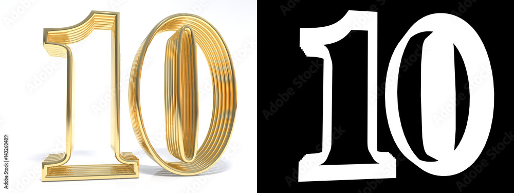 Golden number ten on white background with drop shadow and alpha ...