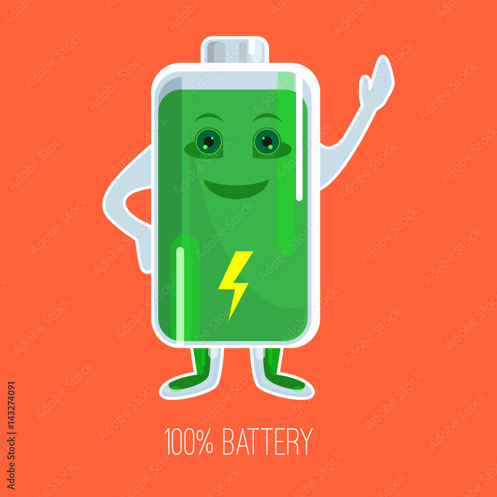 Cute full charged battery cartoon character with hands and face Stock ...