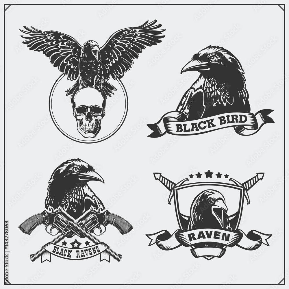 Raven heraldry coat of arms. Labels, emblems and design elements for ...