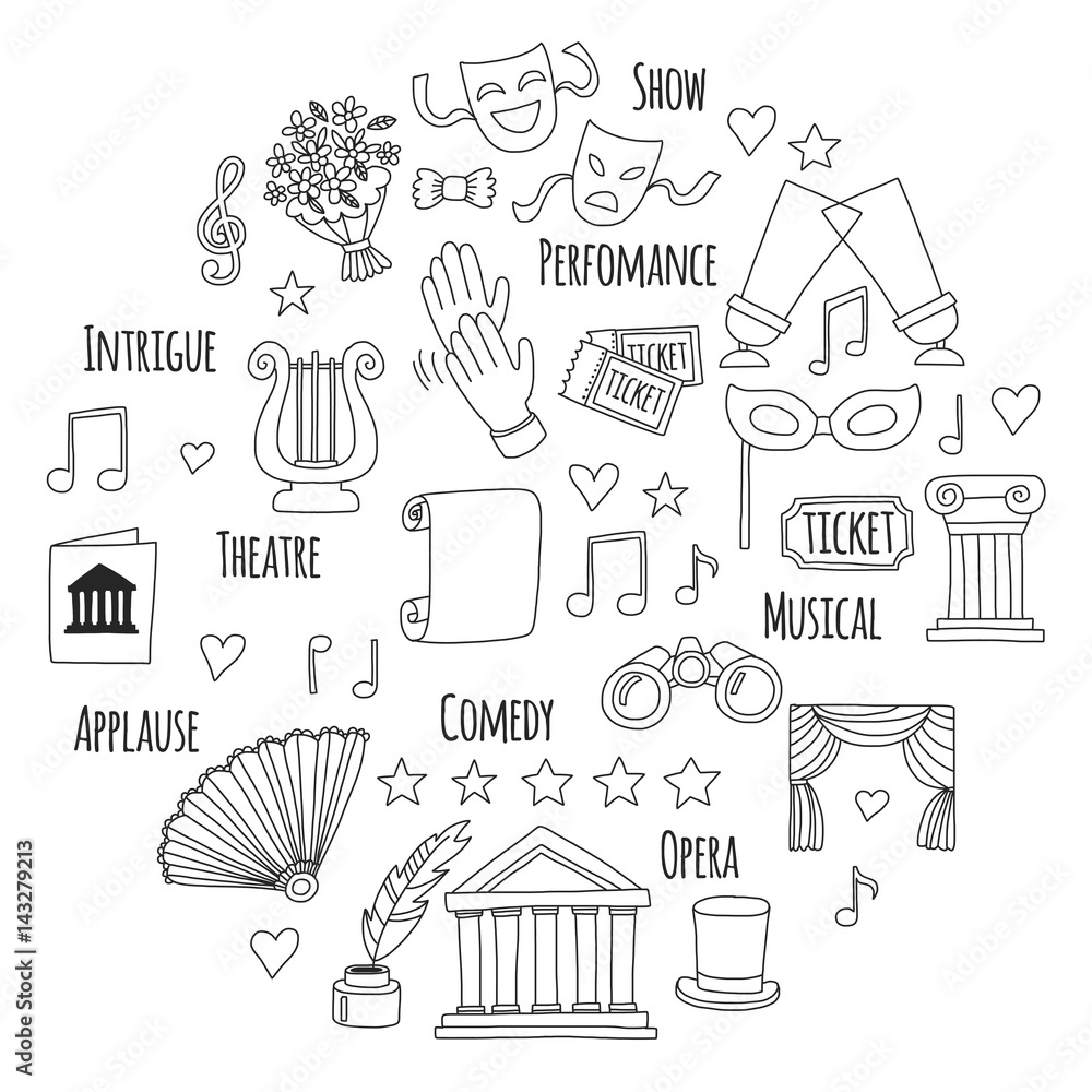 Vetor de Hand drawn doodle Theatre set Vector illustration Sketchy theater icons Ticket Masks ...