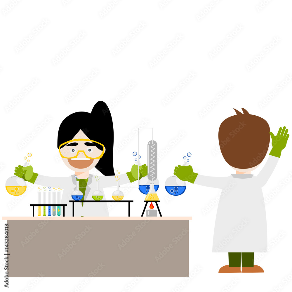 Cartoon chemistry concept with chemistry man. Chemistry laboratory ...