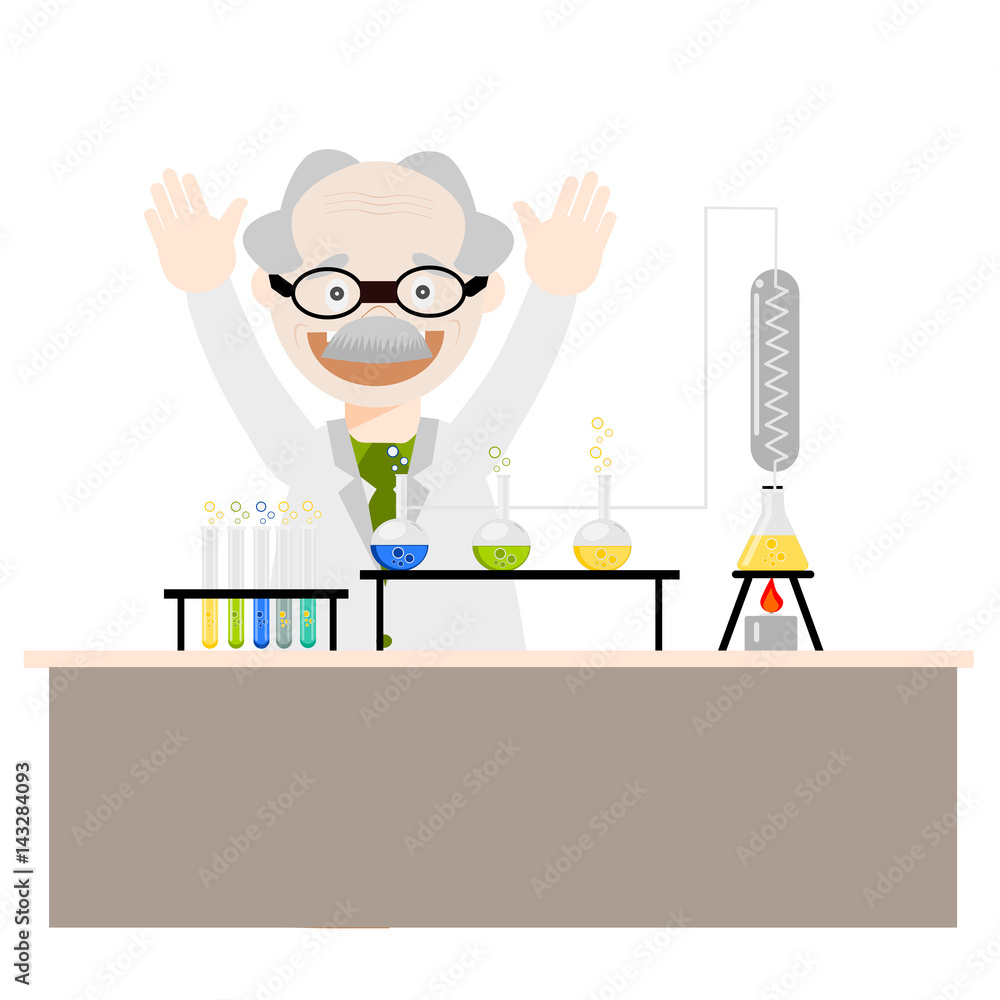 Cartoon chemistry concept with chemistry old man. Chemistry laboratory ...