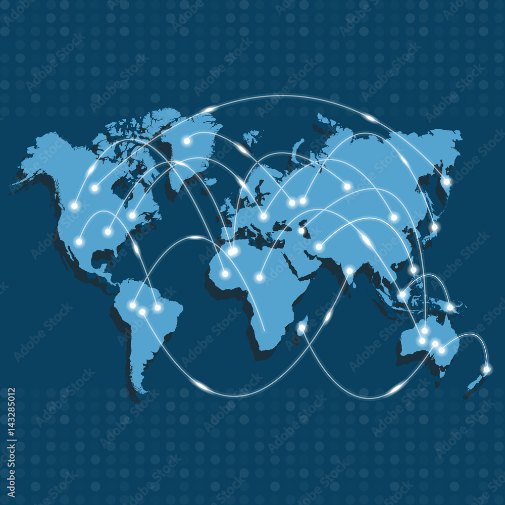 World map with nodes linked by lines. International Logistics or ...