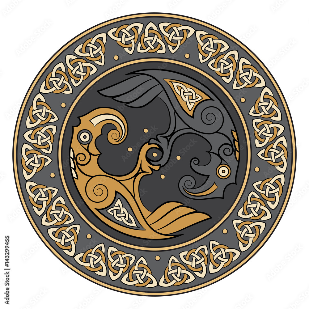 Viking shield, decorated with a Scandinavian pattern and Ravens of God ...