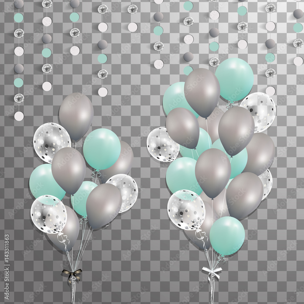 Bunches and groups of turquoise, silver, white transparent helium ...