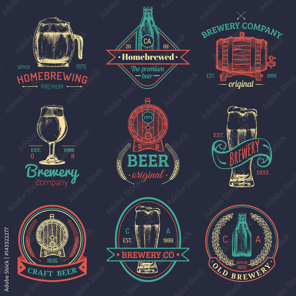 Old brewery logos set. Kraft beer retro signs or icons with hand ...