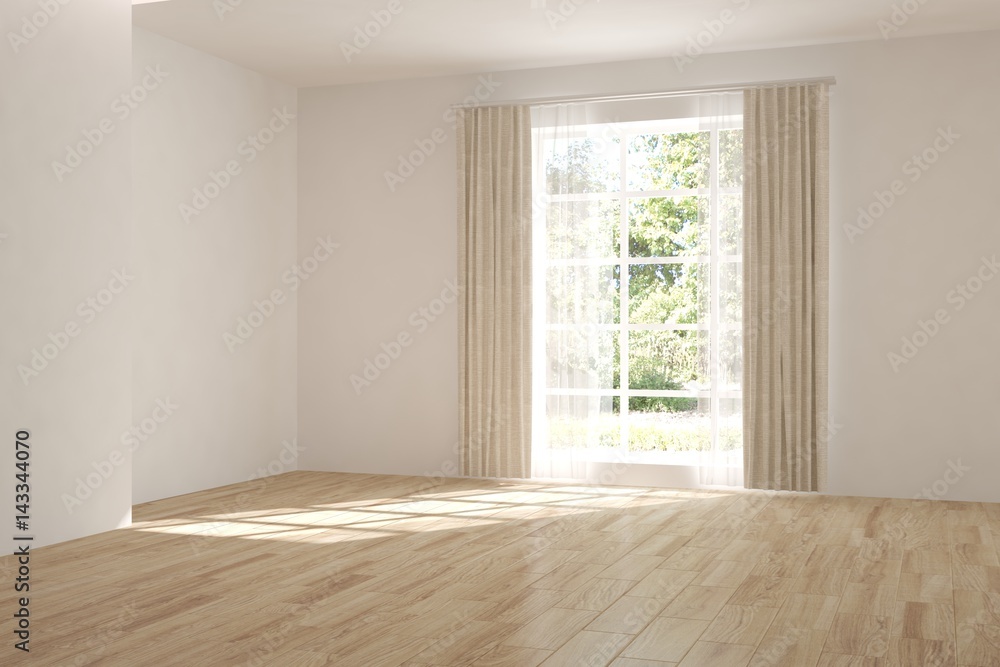 White empty room with green landscape in window. Scandinavian interior ...