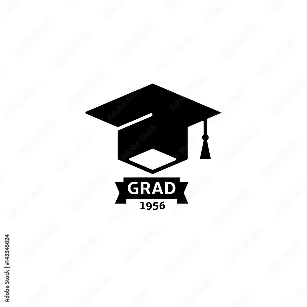 Isolated black and white color bachelor hat with word grad logo ...