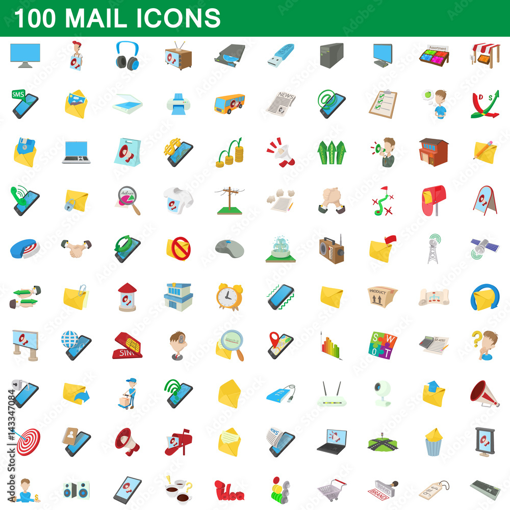 100 mail icons set, cartoon style Stock Vector | Adobe Stock
