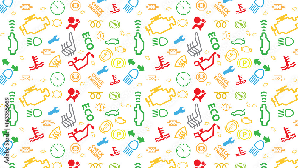 Vector illustration seamless pattern on white. Car dashboard icons ...