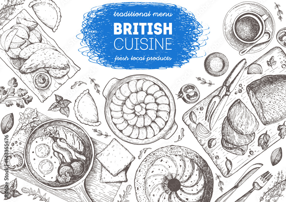 British cuisine top view frame. Food menu design with traditional ...