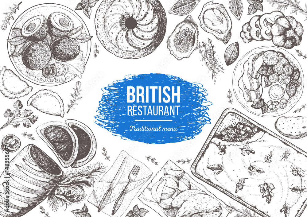 British cuisine top view frame. Food menu design with traditional ...