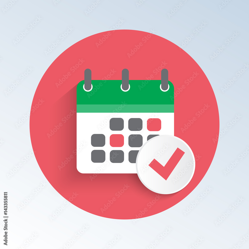 Vector illustration as calendar with tick, mark as an icon. Flat design ...