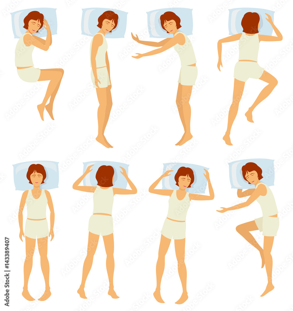 Woman sleeping postures, relaxing female sleep in different poses in ...