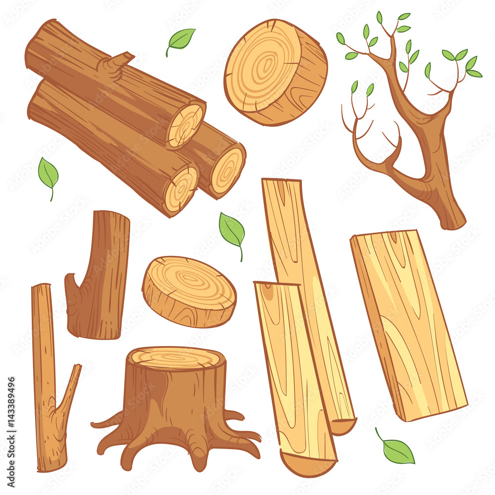 Cartoon wooden materials, lumber, firewood, wood stump vector set Stock ...