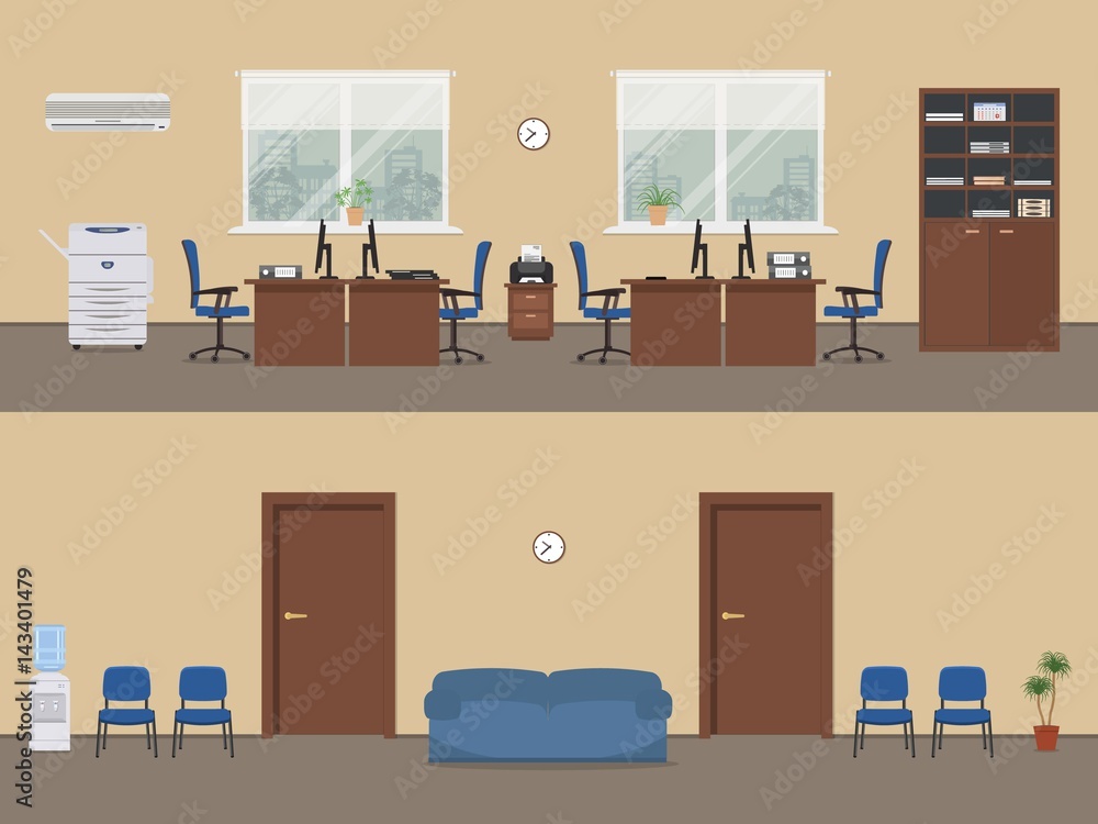 Office premises in a beige color. Office room with brown furniture and ...