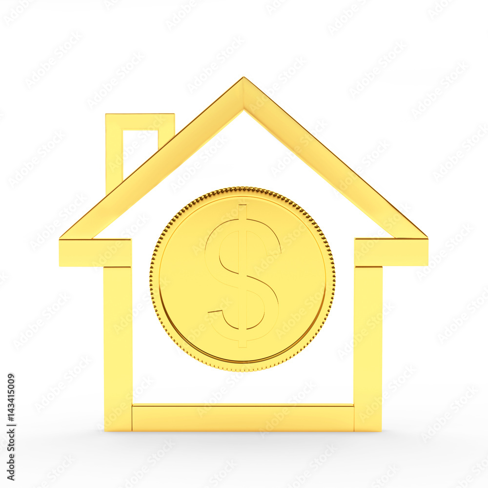 Real estate concept. Golden house icon and coin with dollar sign ...